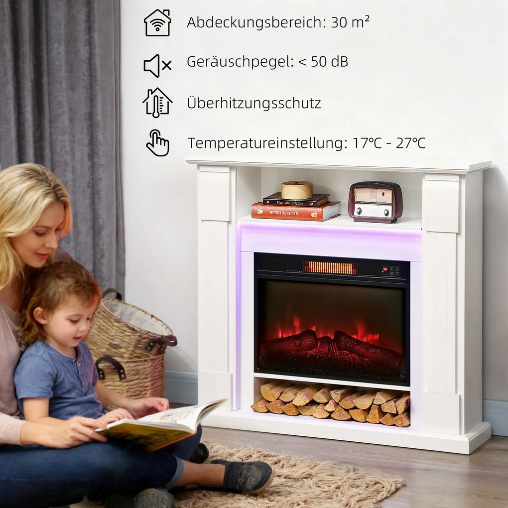 HOMCOM Elektrický krb s LED světly, realistický efekt plamenů, 1800W, krbový říms, 2 dálkové ovladače, sklo, bílá
