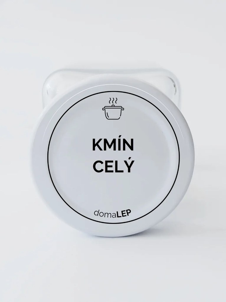 Samolepka na kořenky KMÍN CELÝ průhledná 5 cm tučné písmo