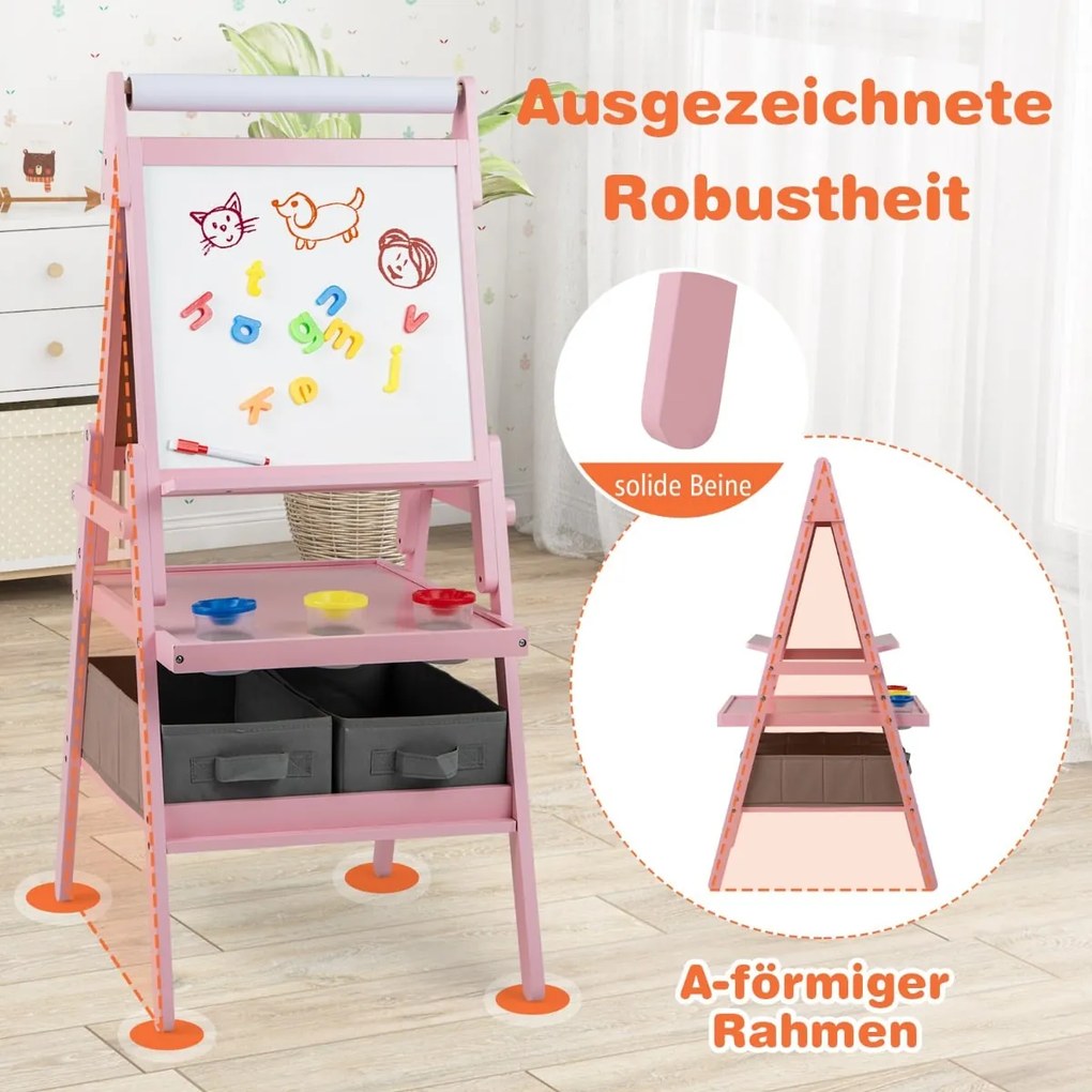 Costway Dětská tabule 3 v 1 s papírovou rolí a amp; magnetická tabule – růžový