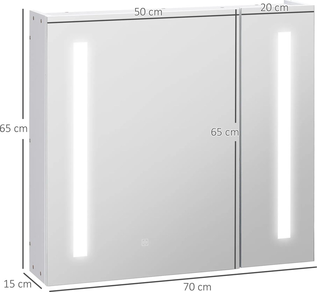 kleankin Nástěnná zrcadlová skříňka do koupelny s LED osvětlením, 2 dveře s 3 úrovněmi, 70 x 15 x 65 cm, bílá