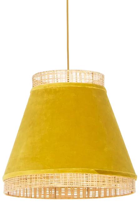 Venkovská závěsná lampa žlutý samet s holí 45 cm - kudrlinka Frills