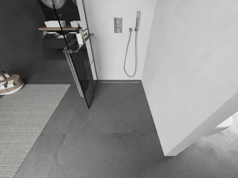 Mexen Kioto+ L, sprchová zástěna Walk-In s poličkou a věšákem 80 x 200 cm, 8mm čiré sklo černý vzor, chromový profil, 800-080-123-01-77