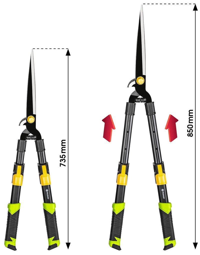 Fieldmann FZNR 1030 Teleskopické pákové nůžky Rozměry: délka 73,5-85 cm, šířka 19,5 cm, Čistá hmotnost: 1280 g, Výjimečně ostrá čepel, Pogumovaná