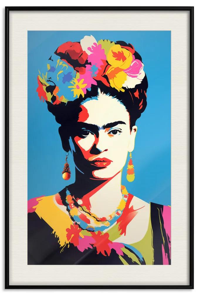 Plakát Modrý portrét - Frida Kahlo s květinami ve vlasech v pop-artovém stylu