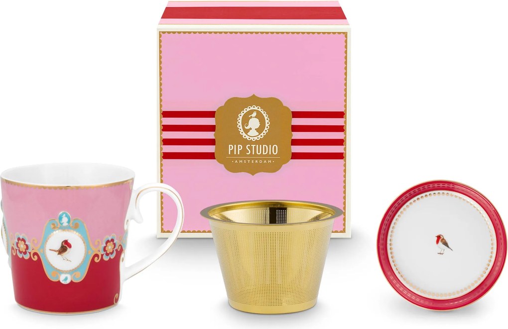 Pip Studio Love Birds Stripes sada na čaj pro jednoho 225 ml, červeno-růžová (Sada na čaj pro jednoho v dárkovém balení)