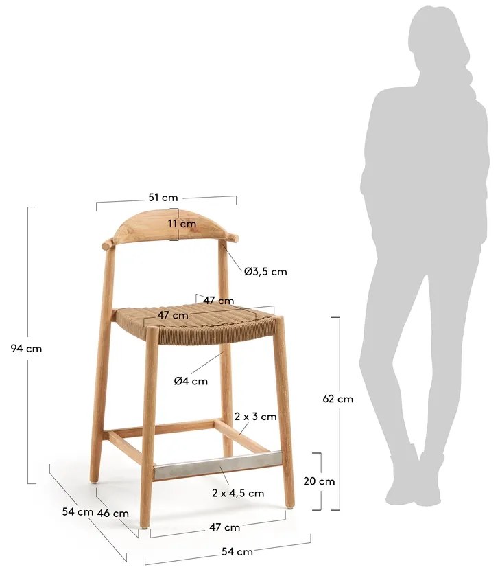 Dřevěná barová židle Kave Home Nina 62 cm s hnědým výpletem