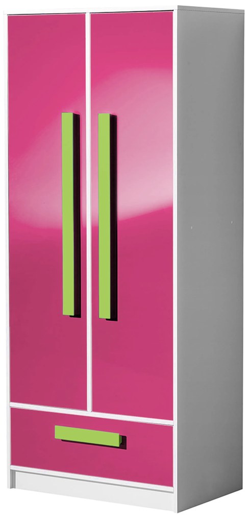 Šatní skříň GULIVER 1 Domel 80/191/50 barva: bílý mat/růžový lesk/fialové úchyty