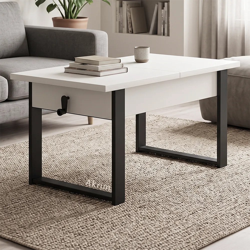 Rozkládací polohovací konferenční stolek HOGO 3v1 | 120-157x62,5-74,5x67 cm | síla horní desky 32 mm | bílá/černé nohy