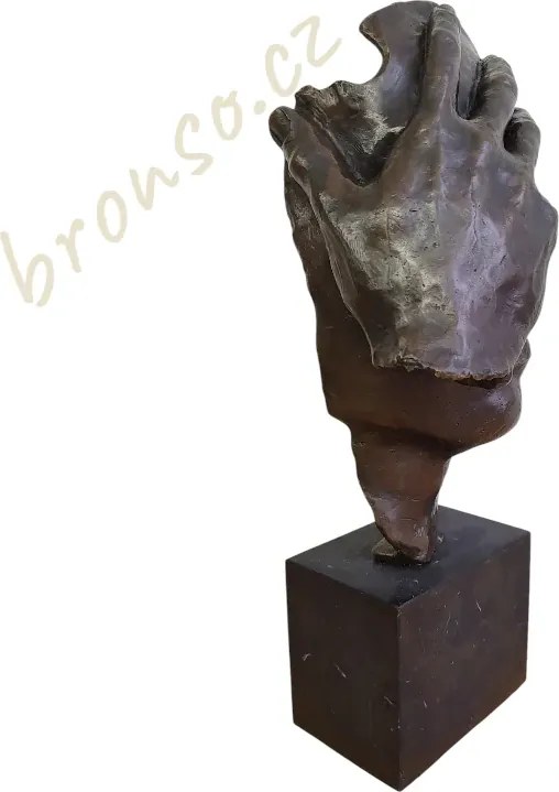 Tvář - Salvador Dalí - bronzová socha   (Abstraktní bronzová hlava s rukou – moderní umělecká socha na mramorovém podstavci)