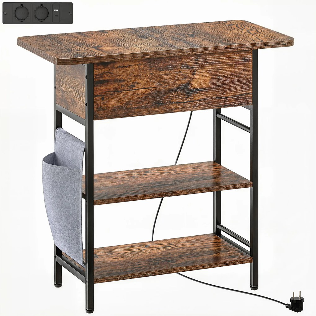 HOMCOM Odkládací stolek, noční stolek s elektrickou lištou, 2 patra, USB porty, úložný prostor 60 x 29,8 x 58,5 cm, rustikální hnědý