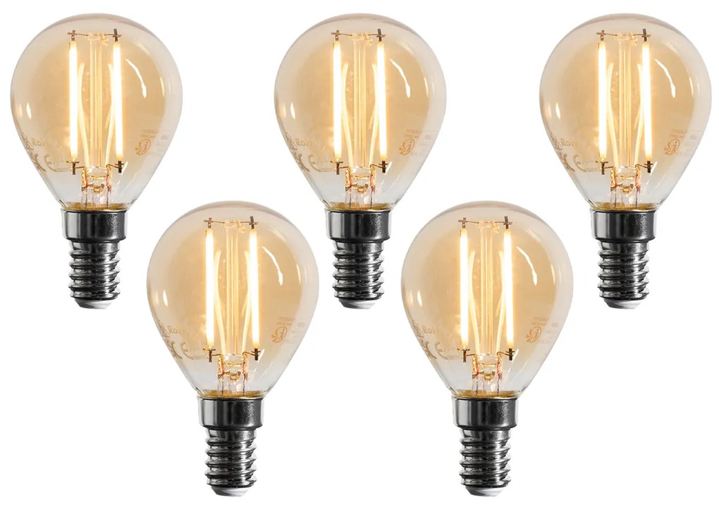 Sada 5 stmívatelných LED žárovek E14 G45 zlatých 4W 330 lm 2100K