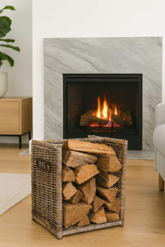 Koš na dřevo LUMBER, ratan, délka 42 cm, přírodní šedá