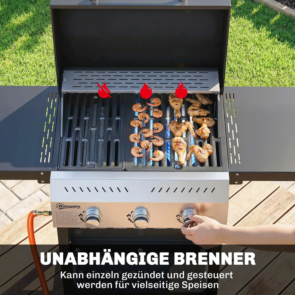Outsunny Plynový gril 9 KW 3 hořáky BBQ grilovací vozík z nerezové oceli včetně skládacího bočního stolku držák na koření spodní police 6 háčků