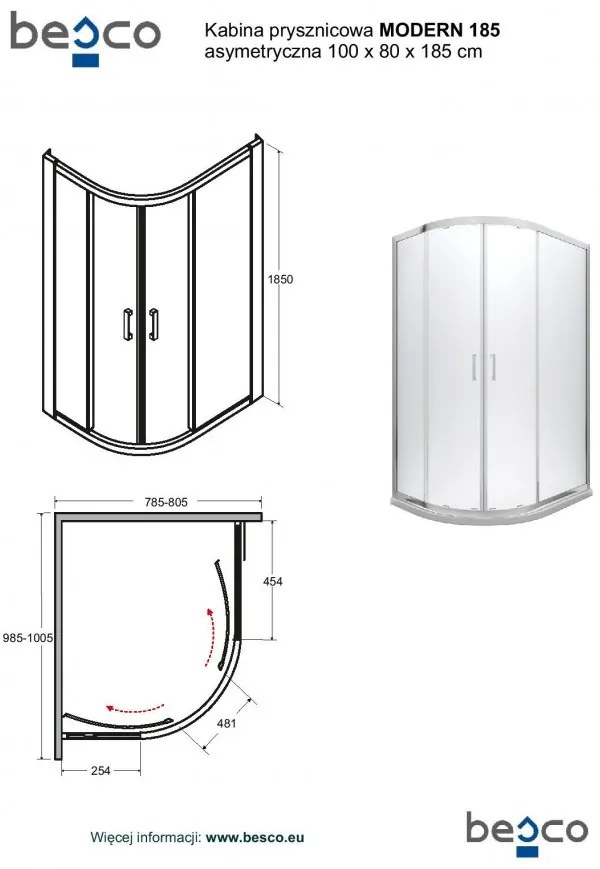 BESCO Asymetrický sprchový kout MODERN 185 BARVA rámu - Chrom/Leštěný hliník (ALU), Rozměr A - 100 cm, Rozměr B - 80 cm, Rozměr C - 185 cm, Směr zavírání - Univerzální Levé / Pravé, Výplň - Čiré bezpečnostní sklo - 6 mm BCMOD1080CC