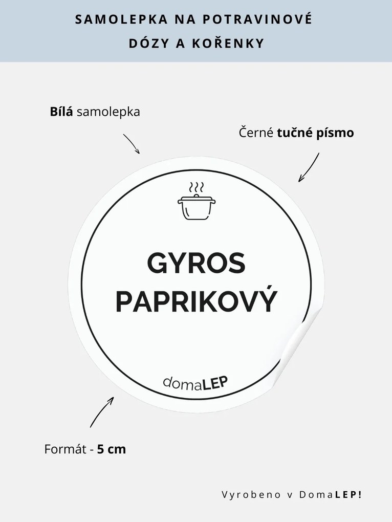 Samolepka na kořenky GYROS PAPRIKOVÝ bílá 5 cm tučné písmo