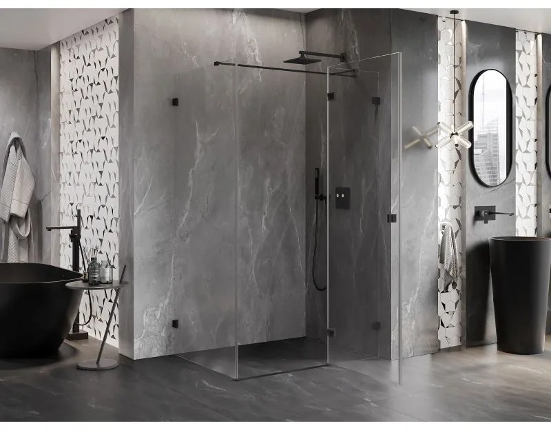 Mexen Lunar T pravý výklopný sprchový kout 140 x 120 cm, čiré sklo, černá matná, 834T-140-120-70-00-P