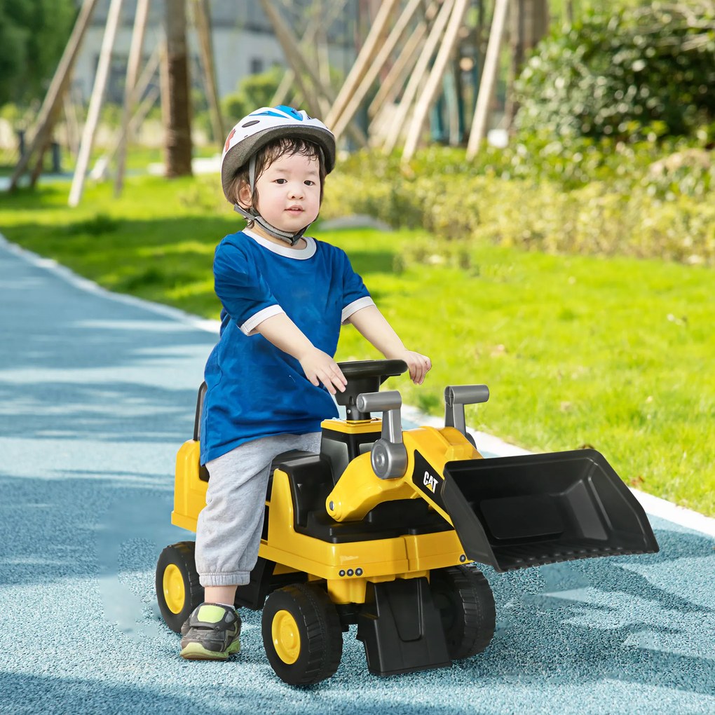 HOMCOM jezdící bagr s lopatou a klaksonem, úložný prostor pro děti od 12 měsíců, žlutočerný 85x27.5x47.5cm