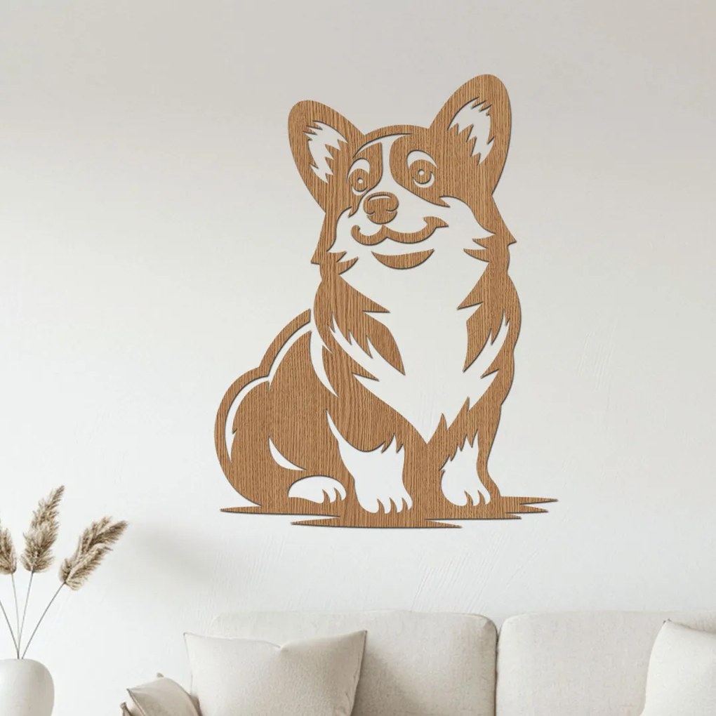 dřevo života Dřevěný obraz sedící Corgi Zvolte rozměr (cm): 30x40, Zvolte barvu dekoru: Ořech