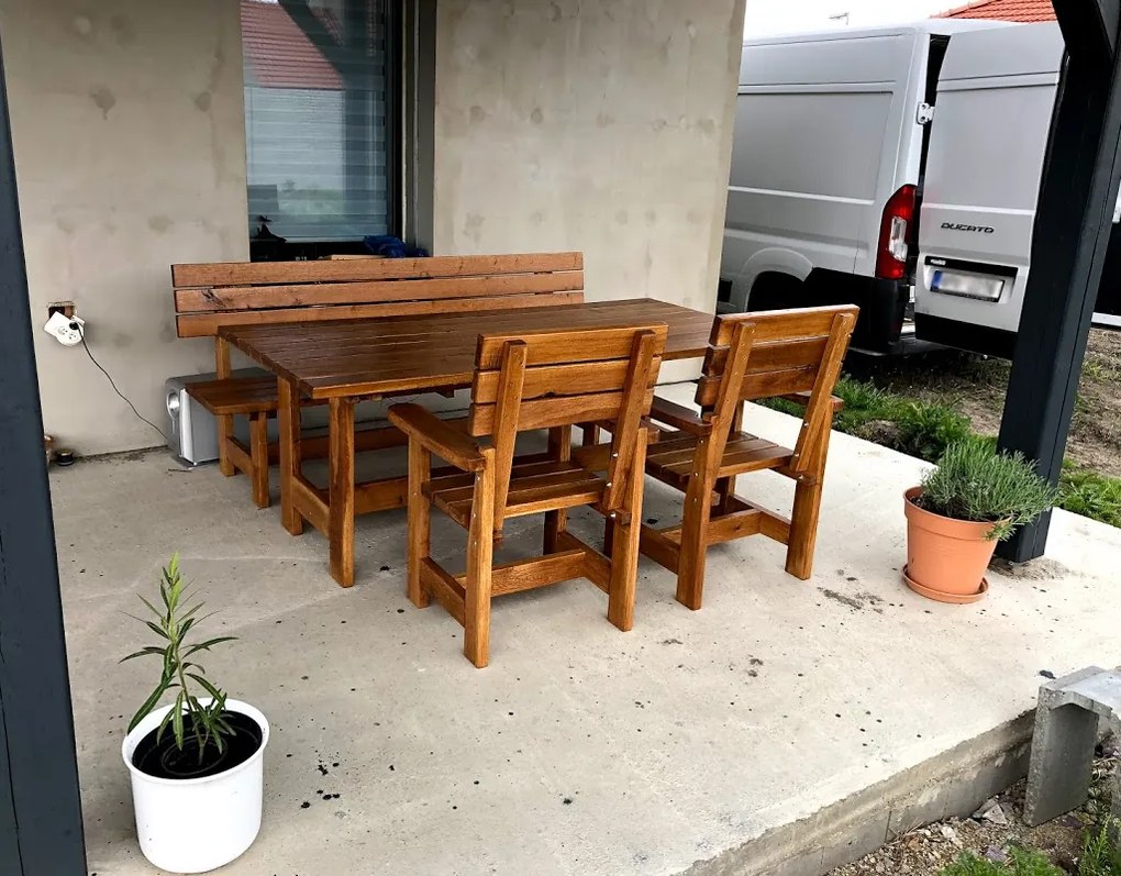 KULHÁNEK Zahradní dubová sestava - stůl, 1x lavice s opěradlem, 2x křeslo (klasické provedení) Délka: 160 cm, Odstín nátěru: olej - palisandr