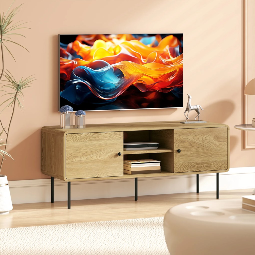 HOMCOM TV nábytek, televizní skříň až do 140 cm s 2 dveřmi, 2 otevřenými přihrádkami, kovovými nohami, 120 x 40 x 50 cm, dub