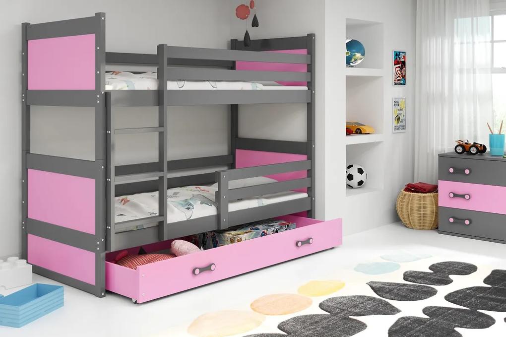 BMS Group Dětská patrová postel Rico - Grafit/růžová 200x90
