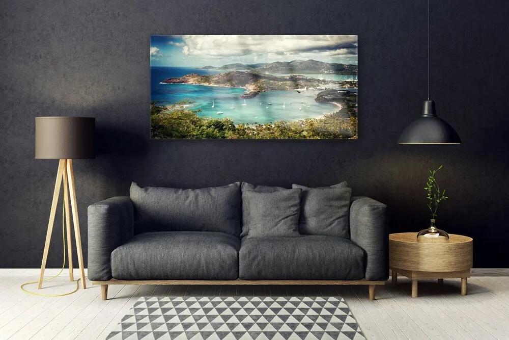 akrylový obraz Záliv Loďky Krajina 120x60 cm