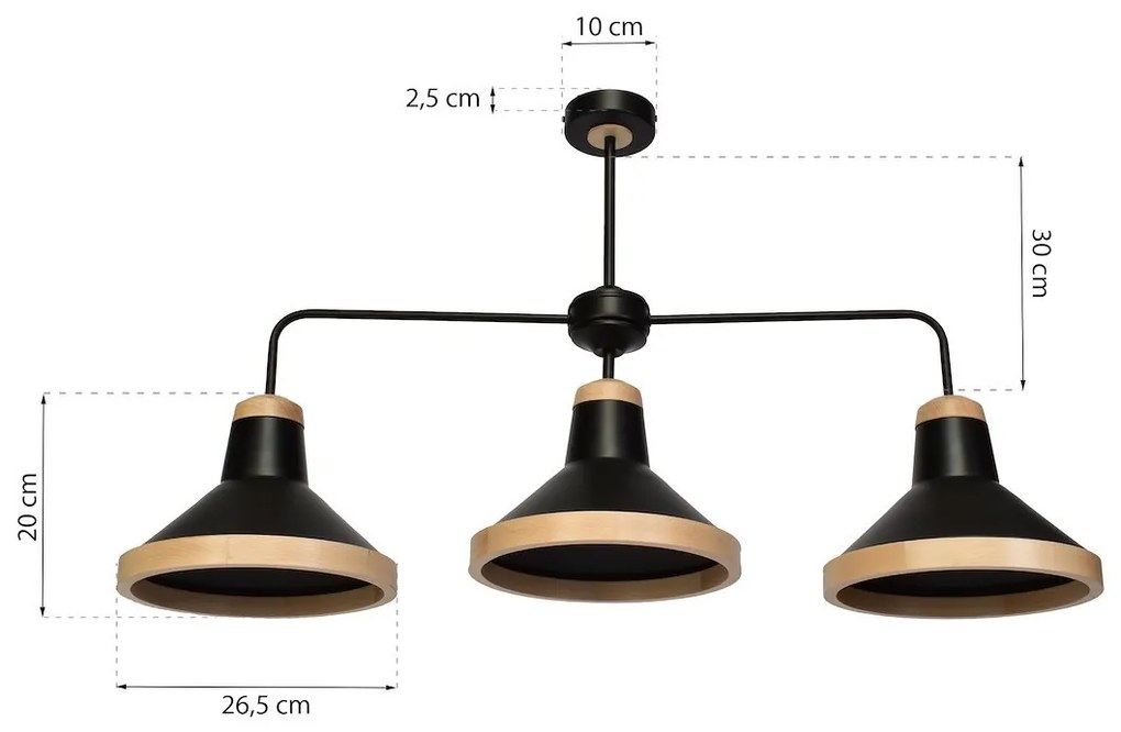 Stropní svítidlo Salma, 3x dřevěné/černé kovové stínítko, b/dřevo