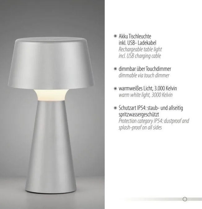 LD 19260-21 ABERA LED stolní lampa na baterie stříbrná dotykový stmívač IP54 USB vnitřní i venkovní použití 3000K - JUST LIGHT