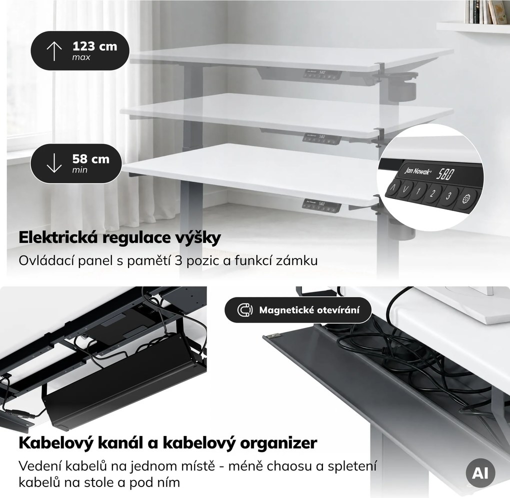 Elektrický stůl s nastavením výšky ergonomický antracitově-bílý, 1200x600 mm: ARIA