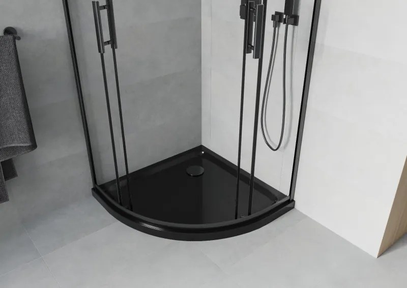 Mexen Rio, čtvrtkruhový sprchový kout 90 x 90 cm, 6mm čiré sklo, černý profil + černá sprchová vanička, 863-090-090-70-00-4170B