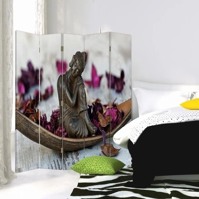 Ozdobný paraván, Buddha ve fialových okvětních lístcích - 180x170 cm, pětidílný, obustranný paraván 360°