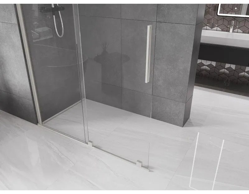 Mexen Velar, sprchová zástěna s posuvnými dveřmi Walk-in 150 x 200 cm, 8mm čiré sklo, broušená ocel, 871-150-000-03-97