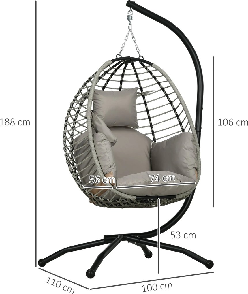 Skládací houpací křeslo ve tvaru vajíčka Outsunny s poduškou a stojanem pro použití v interiéru a exteriéru Metal Polypropylen Lano Šedé 110D x 100Š x