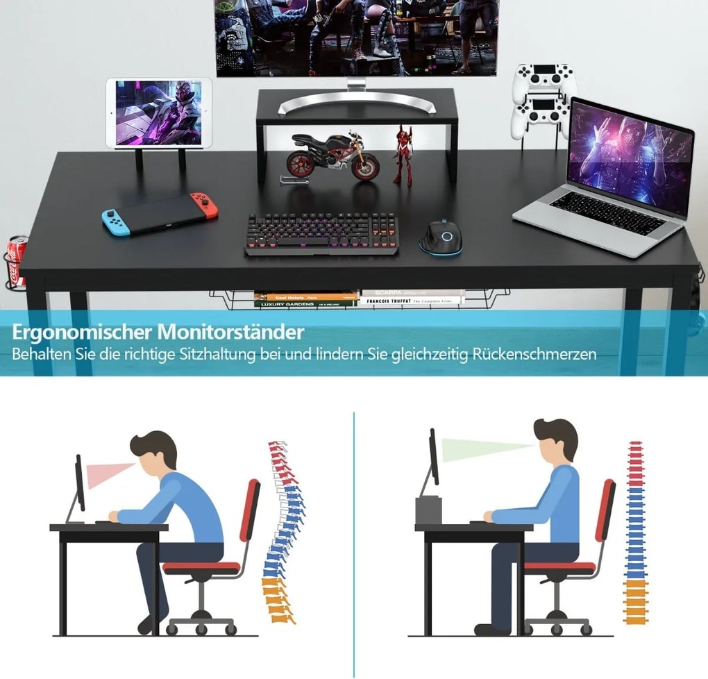 Costway Psací stůl 140 cm s policí na monitor, s držákem na nápoje, háček