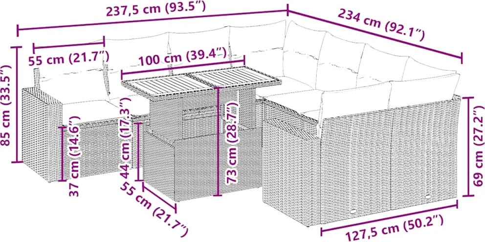 9dílná zahradní sedací souprava s poduškami béžová polyratan 3271240