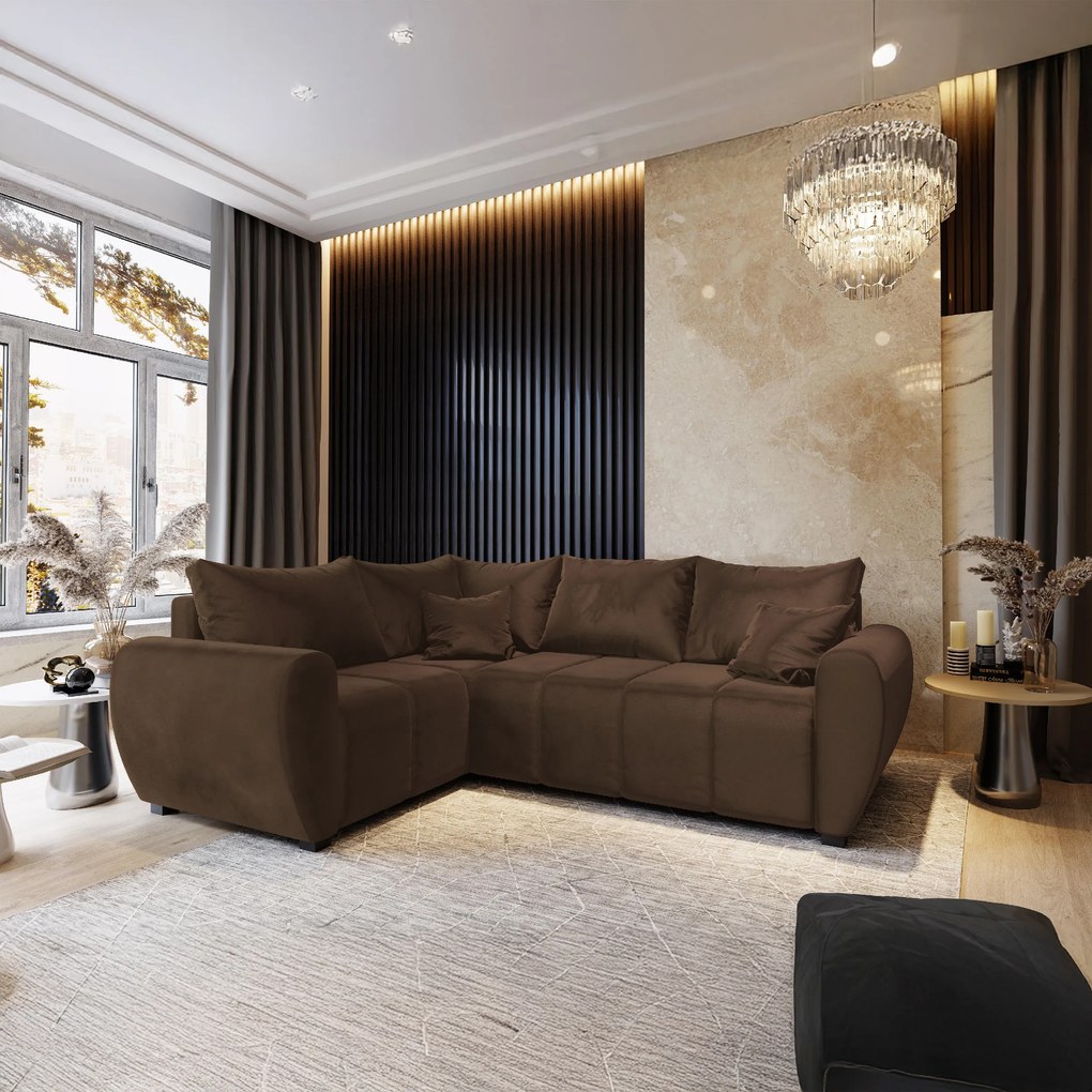 Rohová rozkládací sedací souprava do L MOKA, 235 cm, s úložným prostorem Roh pohovky: Levý roh, Barva látky: Světle hnědá (Kronos 28)