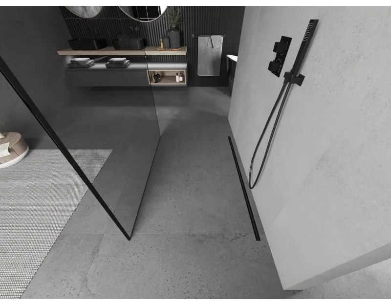 Mexen Kioto, průchozí sprchová zástěna 100 x 200 cm, 8mm sklo čiré/černý vzor, 2x černá stabilizační rozpěra, 800-100-002-70-70