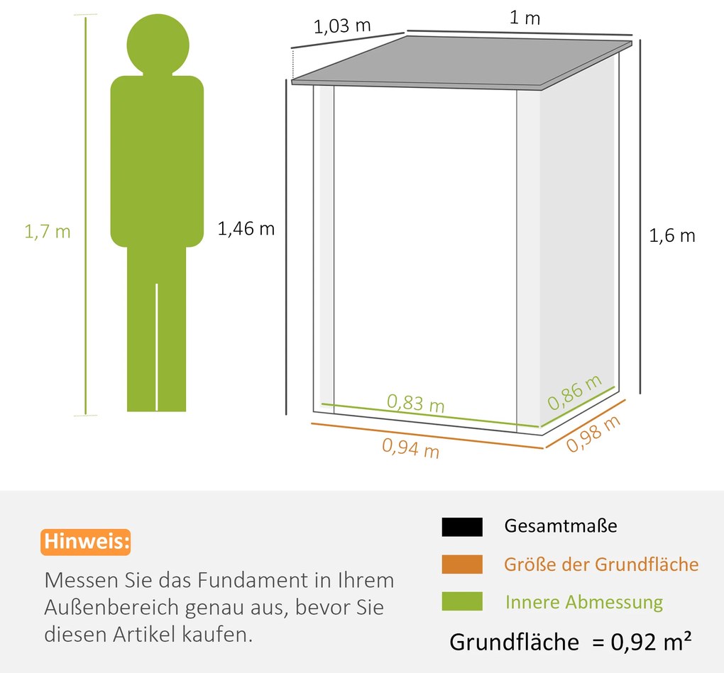 Outsunny ocelový přístřešek na nářadí 0,92 m² Uzamykatelný zahradní přístřešek s jednoplášťovou střechou, 100x103x160cm, šedý