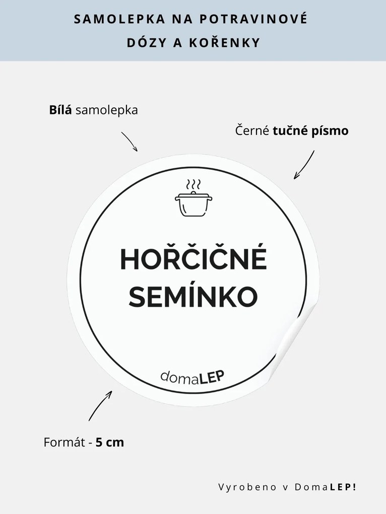 Samolepka na kořenky HOŘČIČNÉ SEMÍNKO bílá 5 cm tučné písmo