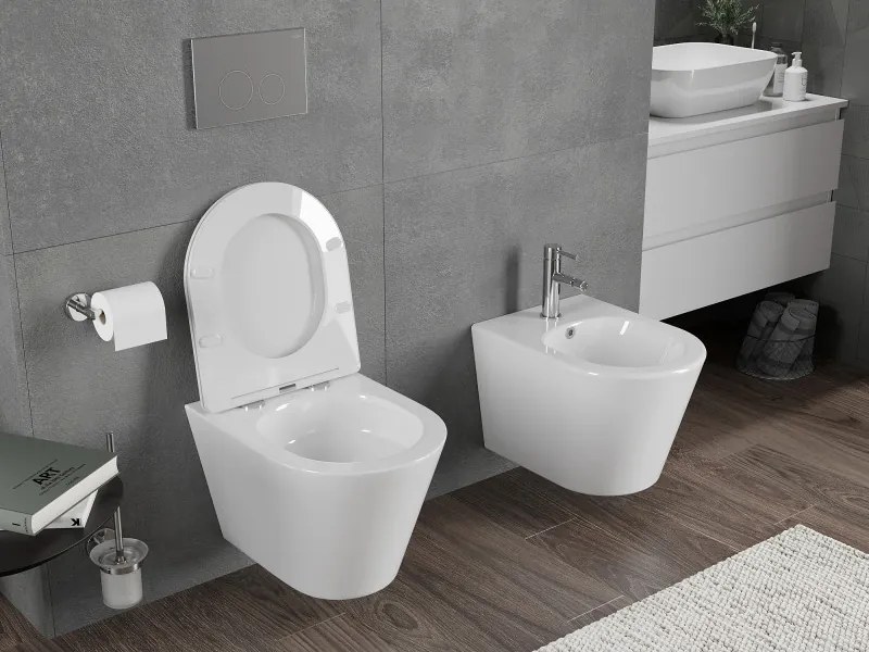 Mexen Rico, závěsná WC mísa 490x360x370 mm, Rimless Tornádo + WC sedátko z duroplastu, bílá lesklá, 30720300T