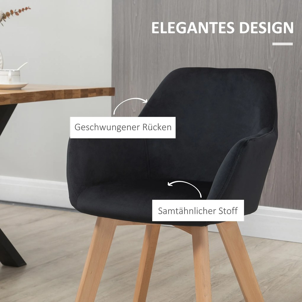 HOMCOM Sada 2 ergonomických kuchyňských židlí s prodlouženými područkami a opěradlem, nosnost do 120 kg, polyester a dřevo, černá 54x57x80 cm