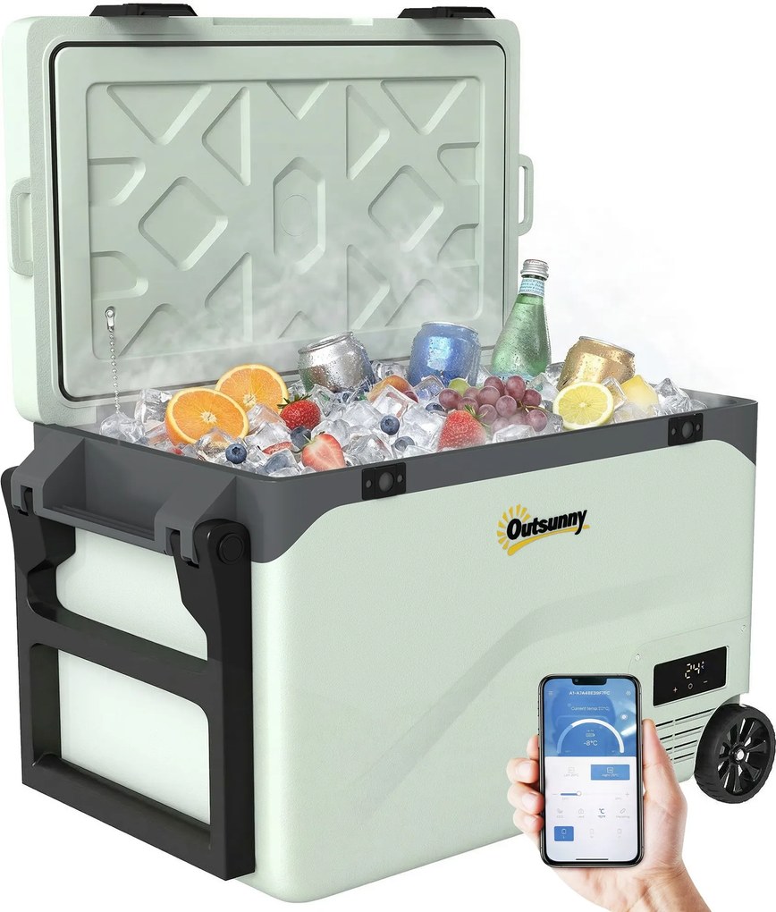 Outsunny 42,5 l přenosný elektrický chladicí box (12/24/240 V) – kompresorová lednice/mrazák, Bluetooth, LED displej, režimy ECO/MAX, madlo, držák, ko