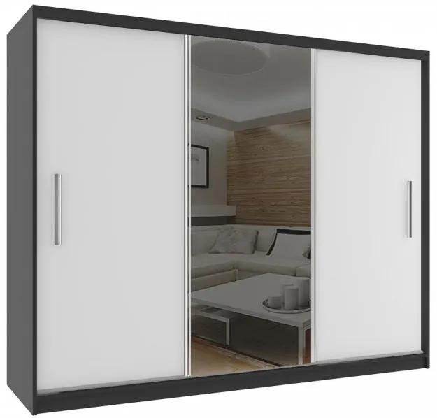 Kvalitní šatní skříň s posuvnými dveřmi se zrcadlem šířka 235 cm černý korpus 19 Černá - Bílá