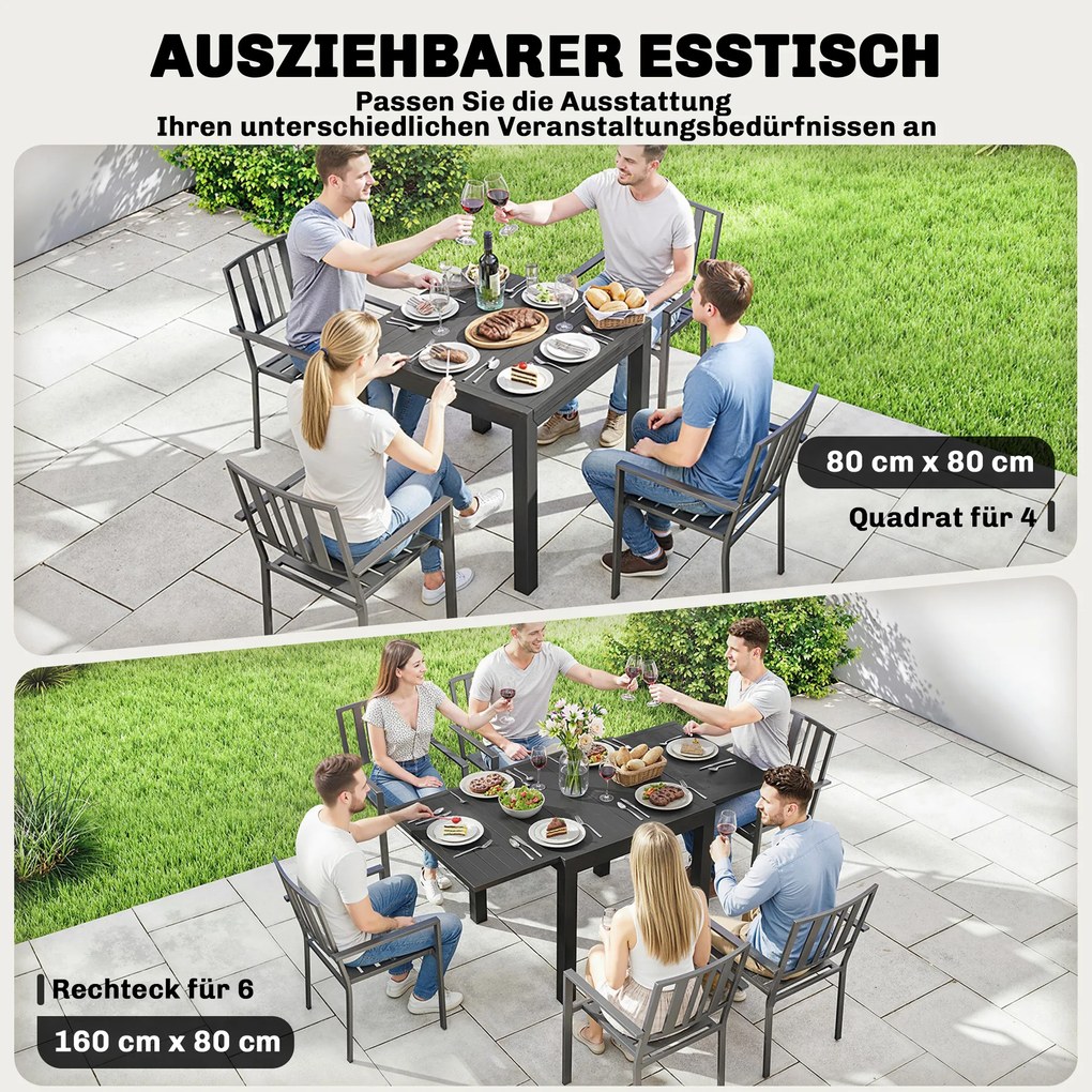 Zahradní stůl Rozkládací hliníkový jídelní stůl 80/160 x 80 cm pro 4-6 osob, obdélníkový s lamelovou deskou
