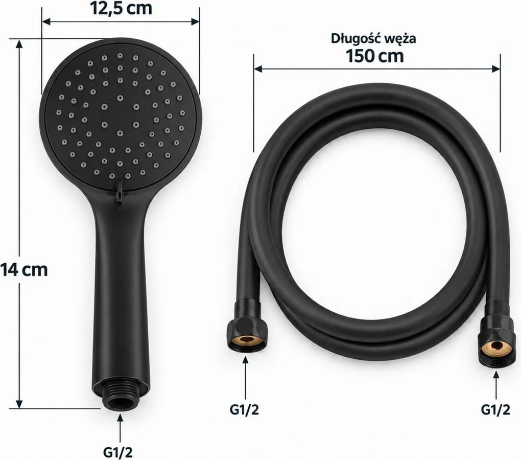 Erga Wemi, 3-funkční ruční sprcha s hadicí 150 cm, 12,5 × 14 cm, černá matná, ERG-YKA-BP.WEMI-BLK