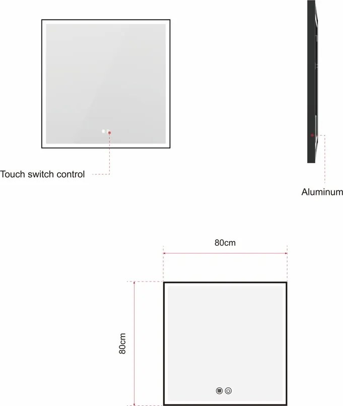 Erga Samira, LED zrcadlo 80x80cm v černém rámu, 2415 lm, 3 barvy světla, přední osvětlení, ERG-V01-SAMIRA-8080-BK