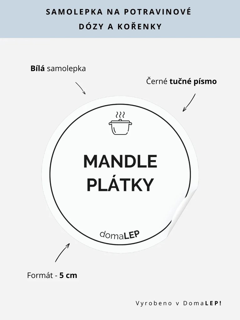 MANGO PLÁTKY – bílá samolepka na dózu, tučné písmo, 5 cm | DomaLEP
