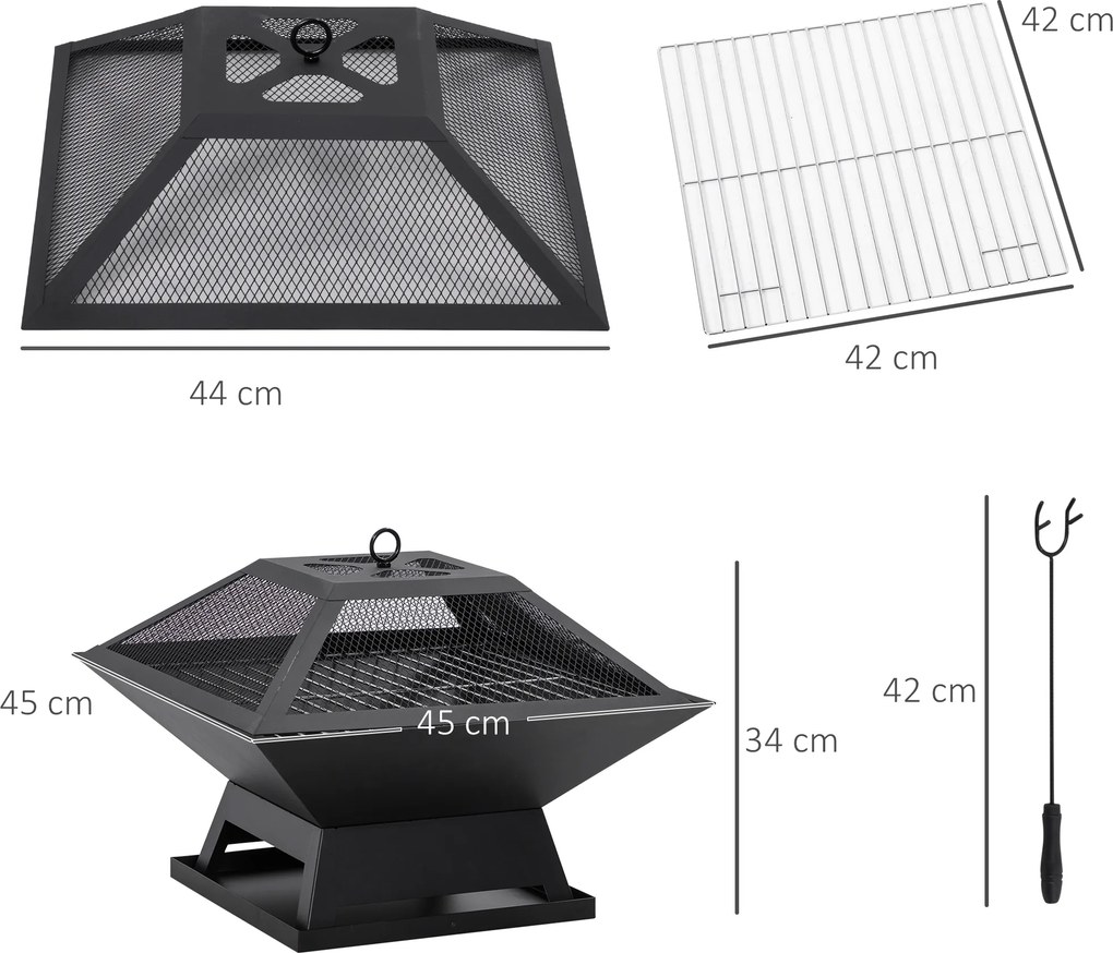 Zahradní ohnivý koš Outsunny s roštem a ochranou proti jiskrám, ocelově černý 45x45x34cm, včetně pohrabáče pro příjemné večery | Aosom.de