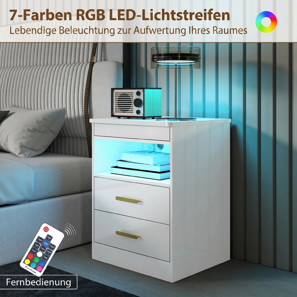 HOMCOM Noční stolek, přídavný stolek s nabíjecí stanicí a RGB LED osvětlením, vysoký lesk bílá