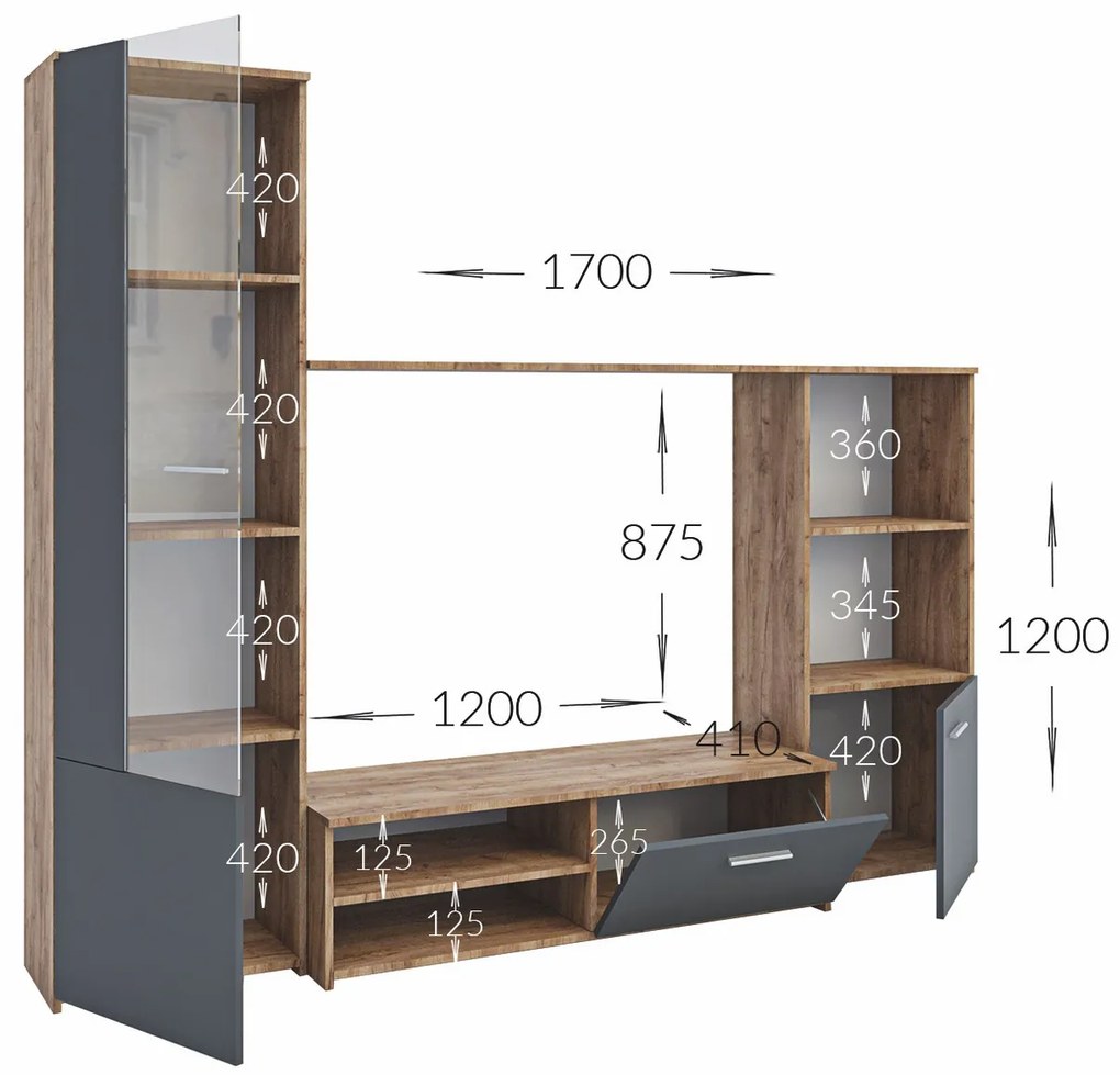 Obývací stěna JUKA šedý grafit/dub craft tabaco